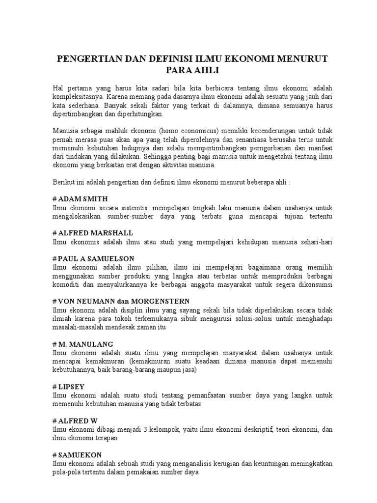 Pengertian Dan Definisi Ilmu Ekonomi Menurut para Ahli | PDF