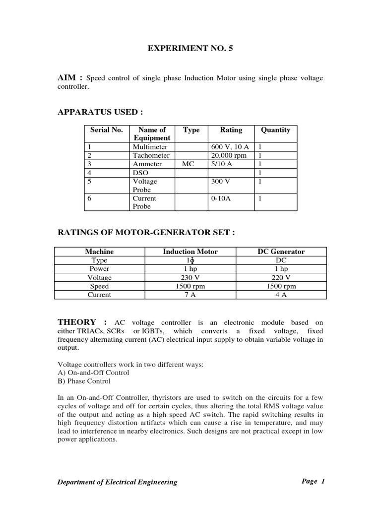 Lab Manual of ED Experiment - 5 | PDF | Electric Motor | Alternating ...