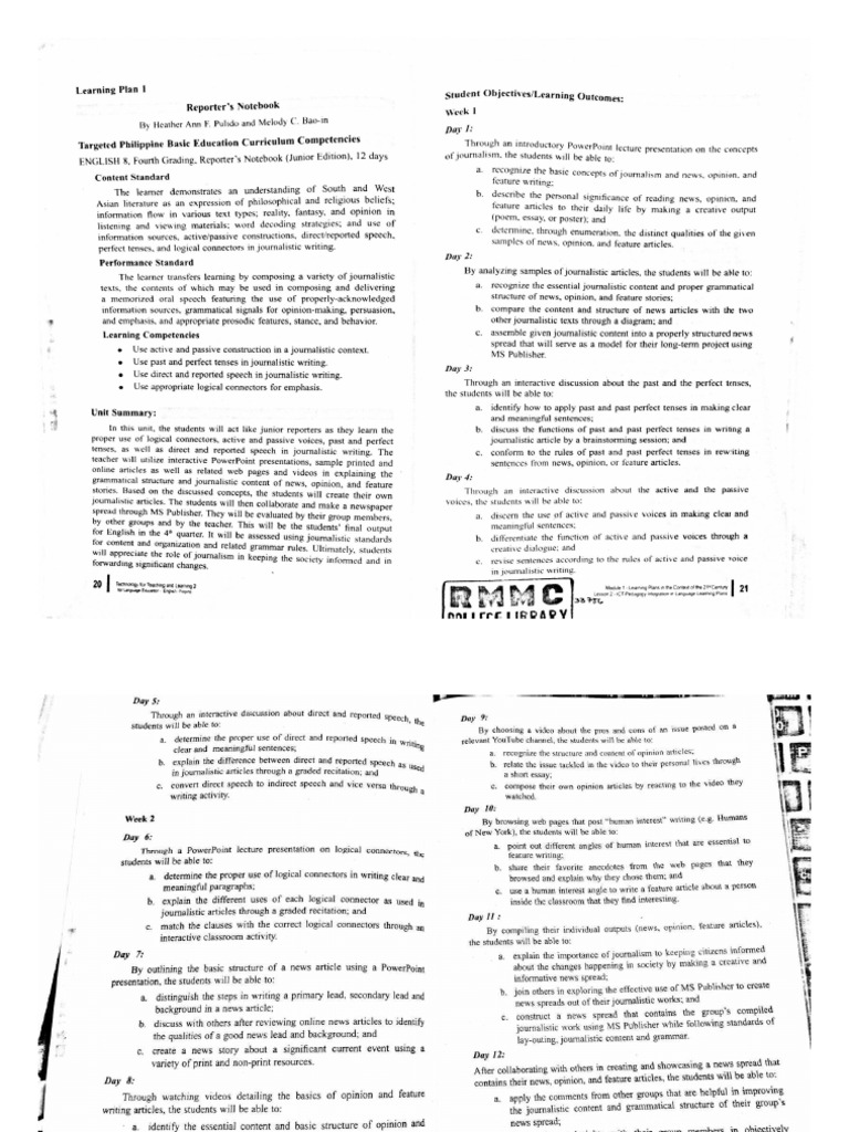 Sample English Learning Plan | PDF