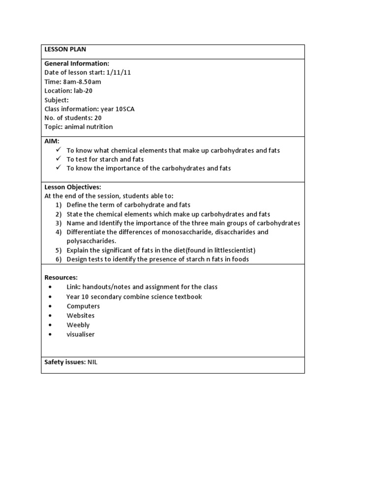 Lesson Plan 1 (Carbohydrates & Fats) | PDF | Carbohydrates | Lesson Plan