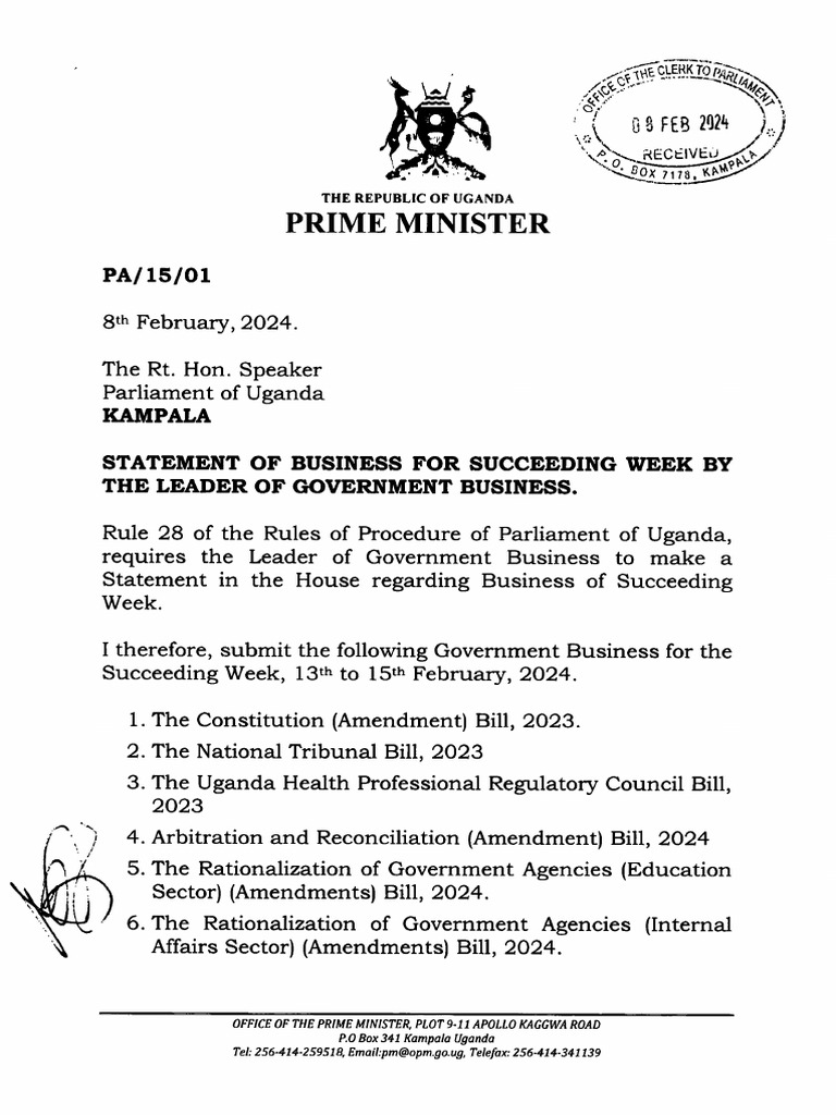 Statement of Business for Succeeding Week By the Leader of Government Business | PDF | Uganda ...