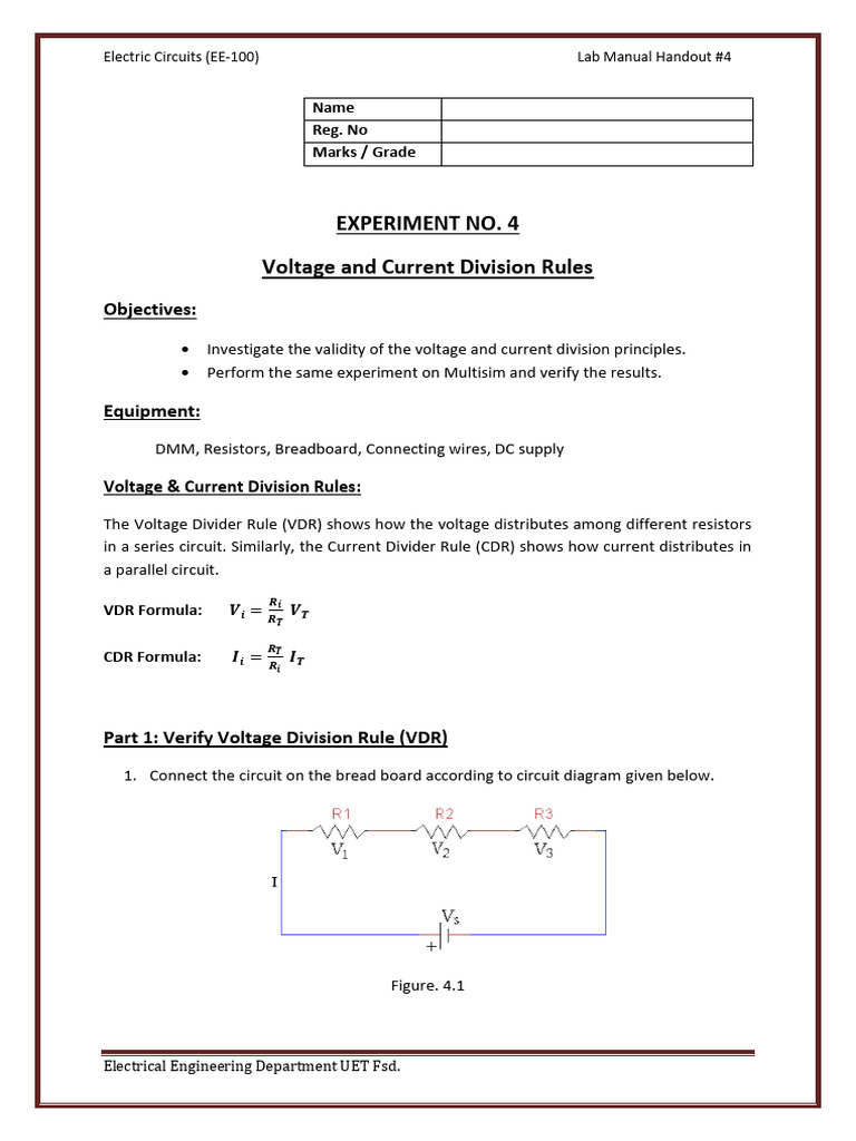 Voltage and Current Division Lab Guide | PDF | Series And Parallel ...
