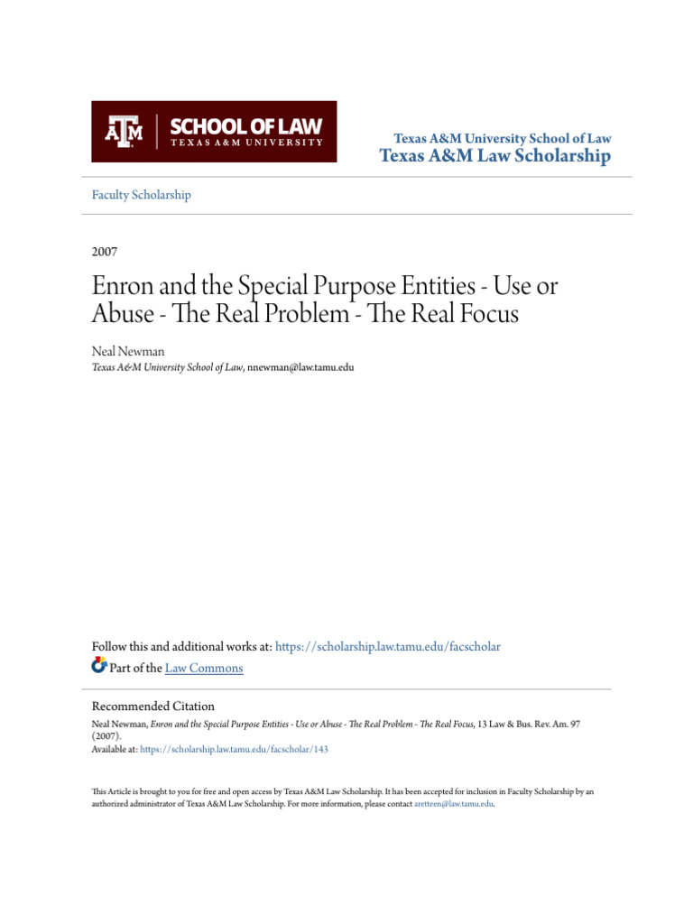 Enron's SPEs: Use, Abuse, and Reform | PDF | Securitization | Lease