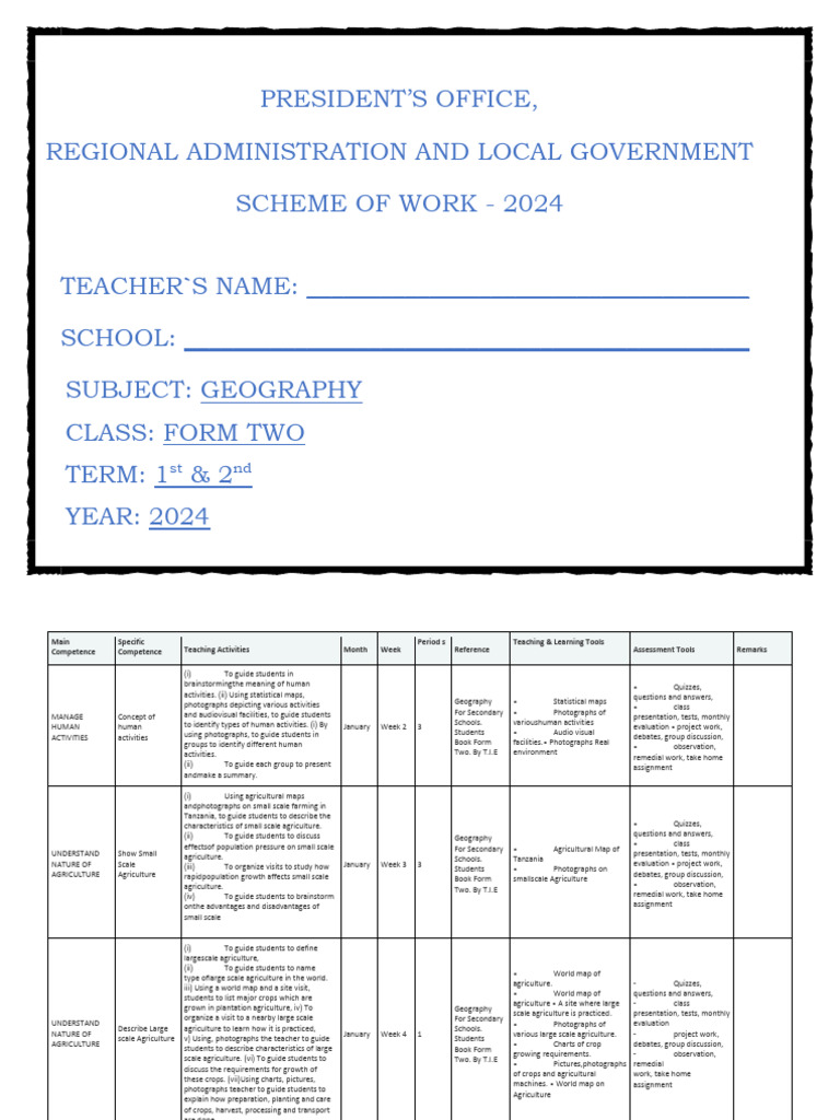 Geography Form Two Scheme of Work 2024 | PDF | Teachers | Geography