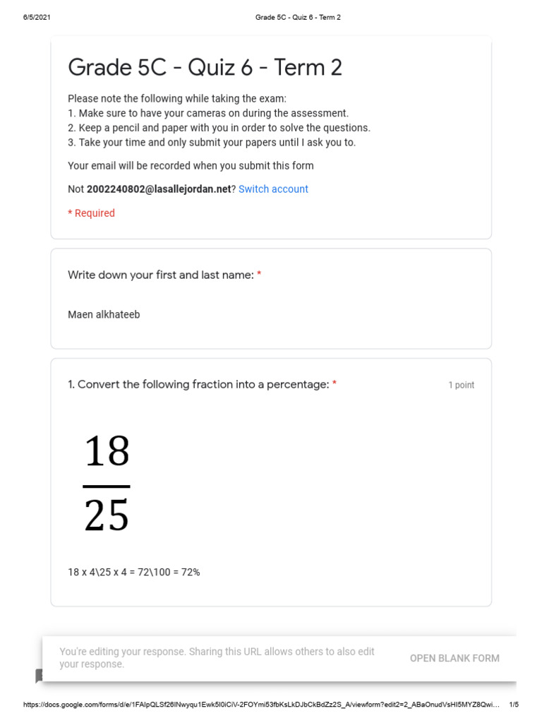 Grade 5C - Quiz 6 - Term 2 | PDF