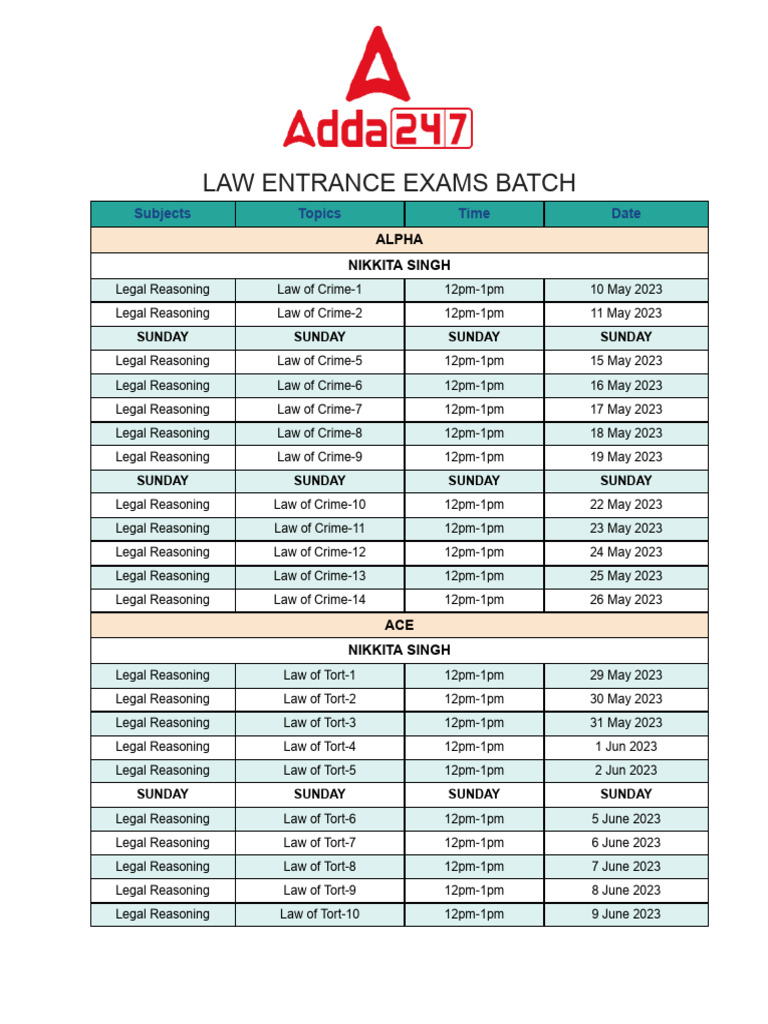 Law Entrance Exams Batch: Subjects Topics Time Date | PDF