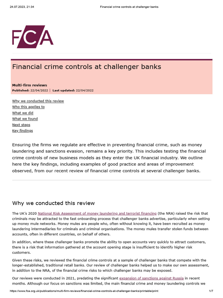 Challenger Banks' Financial Crime Controls Review | PDF