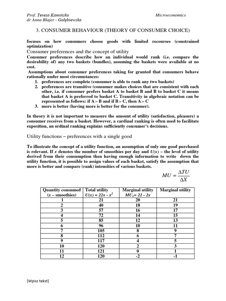 Lecture 4 - Consumer Behaviour | PDF | Utility | Economies