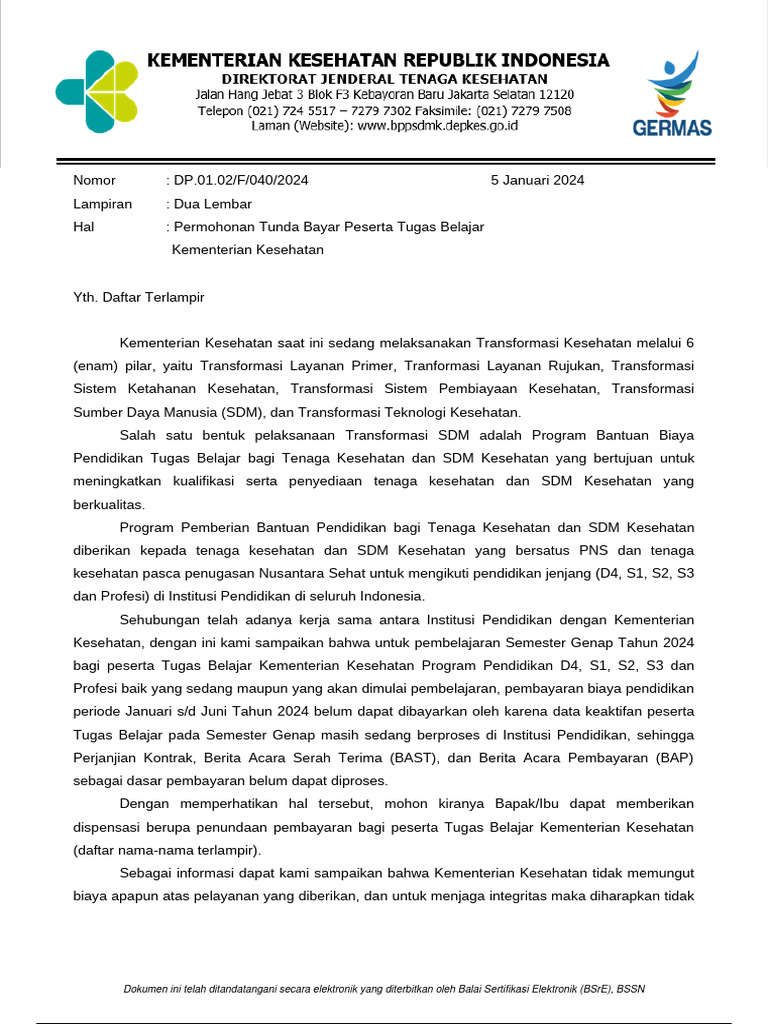 Surat Permohonan Tunda Bayar Peserta Tugas Belajar Kementerian Kesehatan | PDF