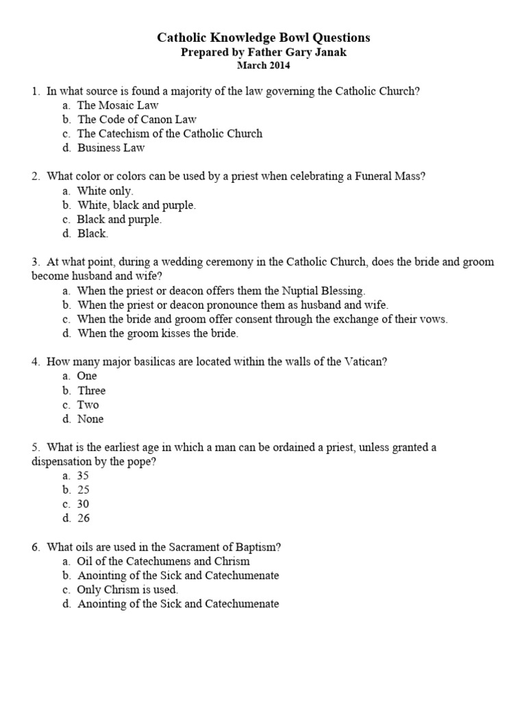 Catholic Knowledge Bowl Quiz Questions | PDF | Catholic Church ...