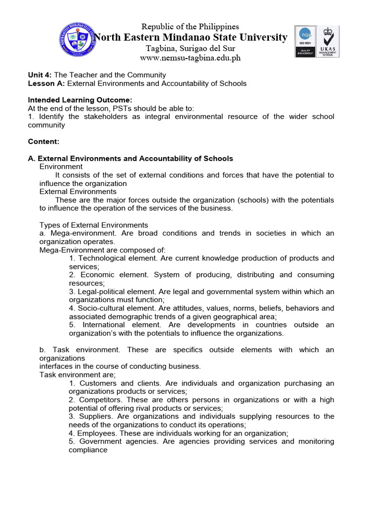 Unit 4 Lesson A External Environments and Accountability of Schools ...