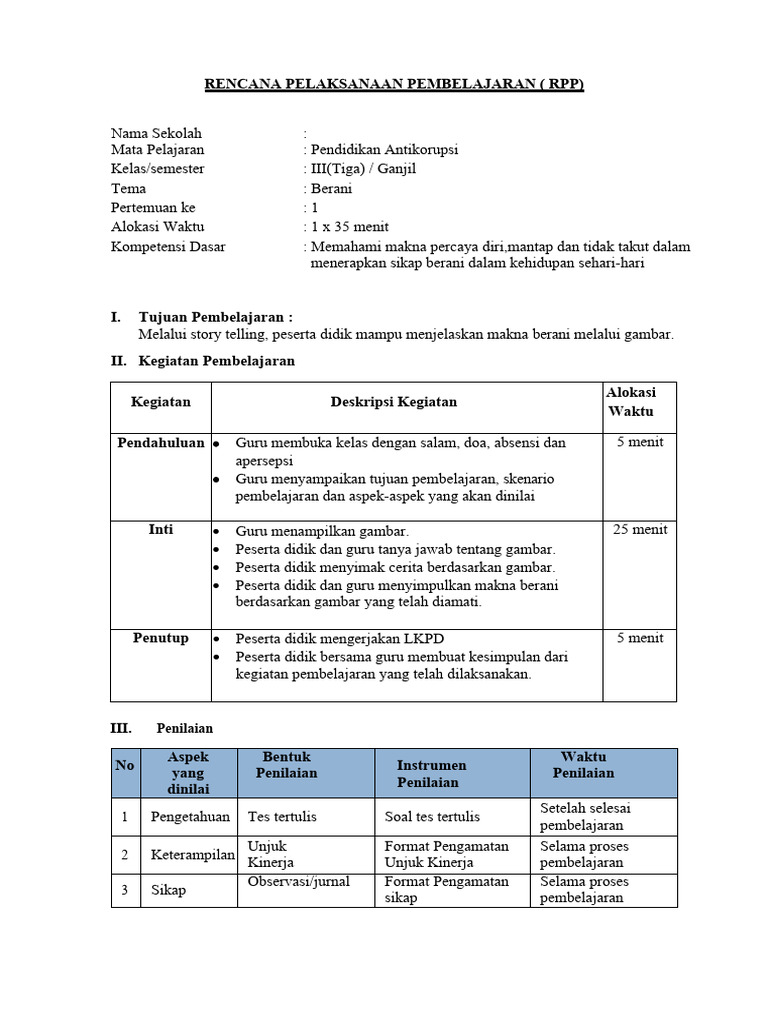 RPP PAk Kelas 3 Semester 1 Tema Berani (Batanghari Nuban) | PDF