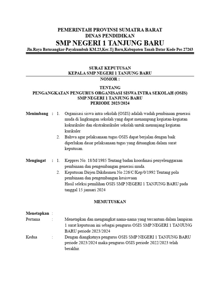 SK Osis Upt SMPN 1 Tanjung Baru | PDF