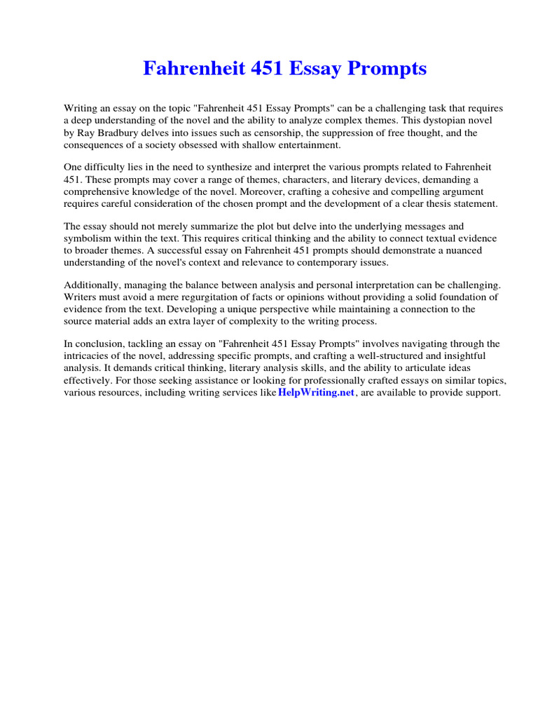 Fahrenheit 451 Essay Prompts | PDF | Essays | Critical Thinking