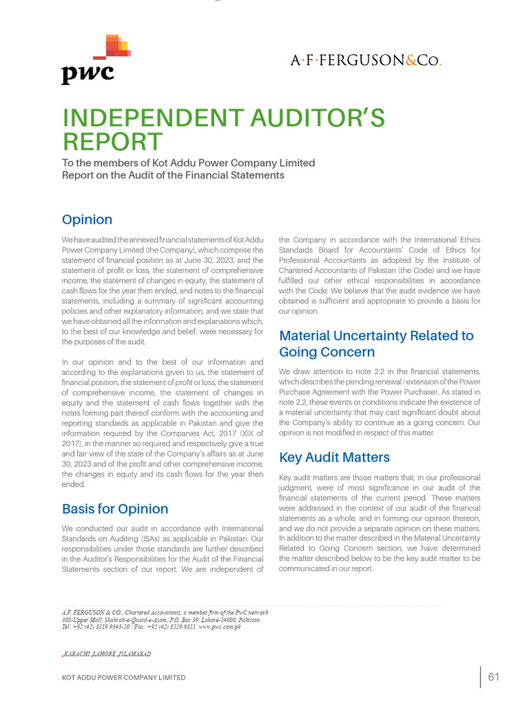 Kapco Financials | PDF | Financial Audit | Going Concern