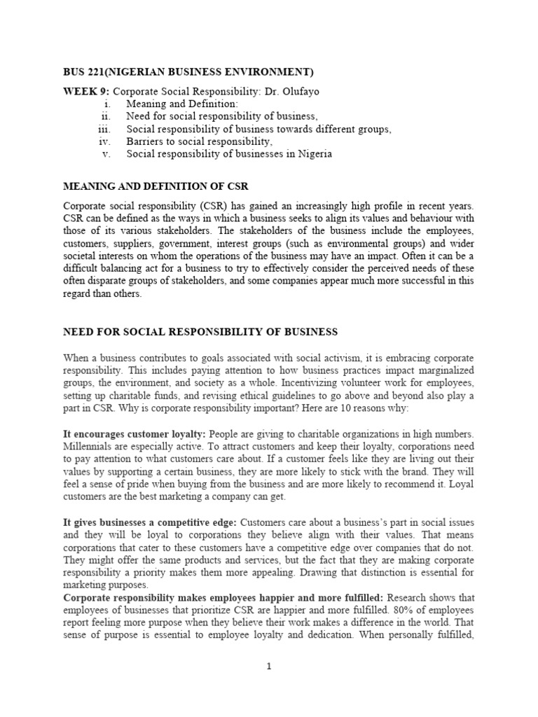 BUS 221 Lecture Note CSR | PDF | Corporate Social Responsibility | Economies