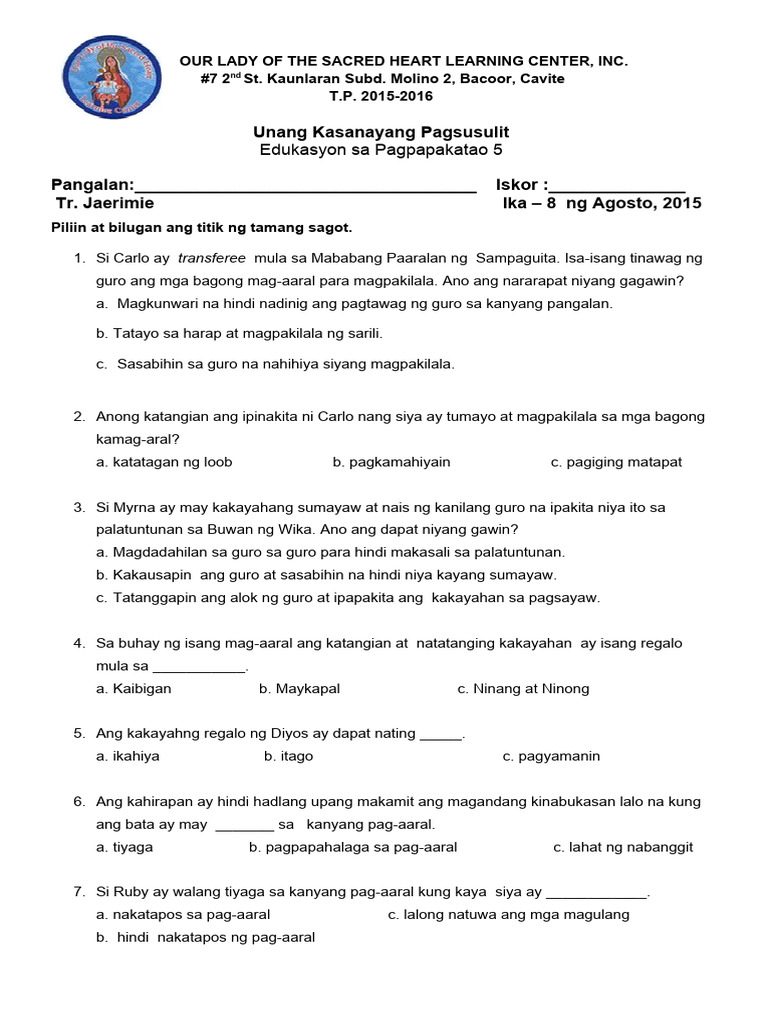1st Periodical Test - Esp 5 | PDF