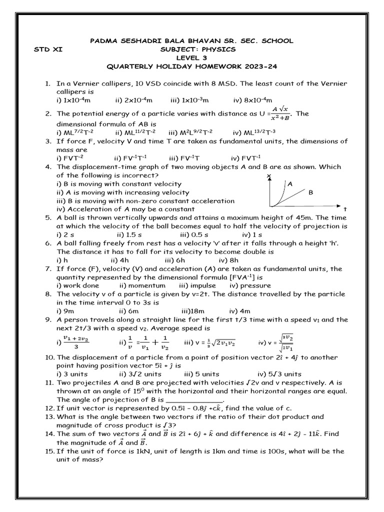 STD 11 - Quarterly Holiday HW - Level 3 | PDF | Velocity | Euclidean Vector