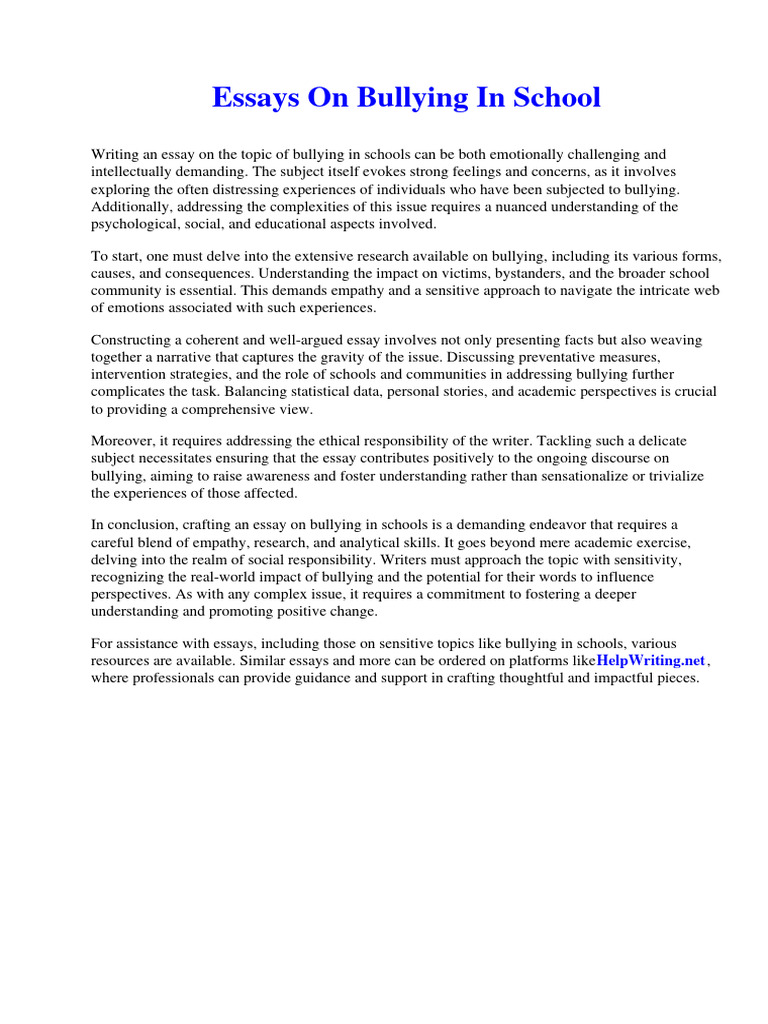 Essays On Bullying in School | PDF | Multiculturalism | Bullying