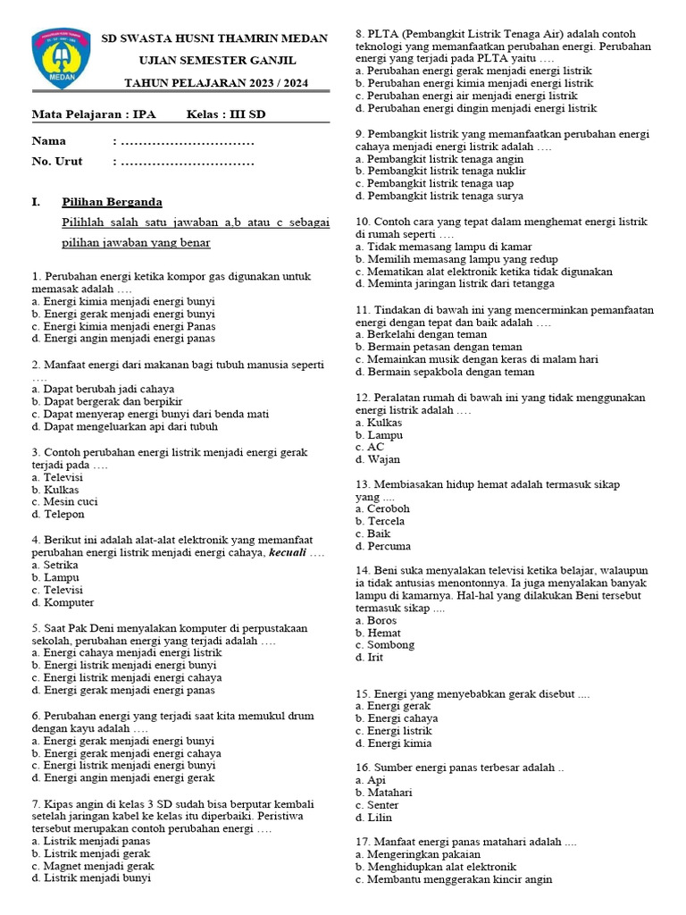 Format Naskah Soal Ujian Kelas 3 Ipa Semester Ganjil Tp. 2023-2024 | PDF