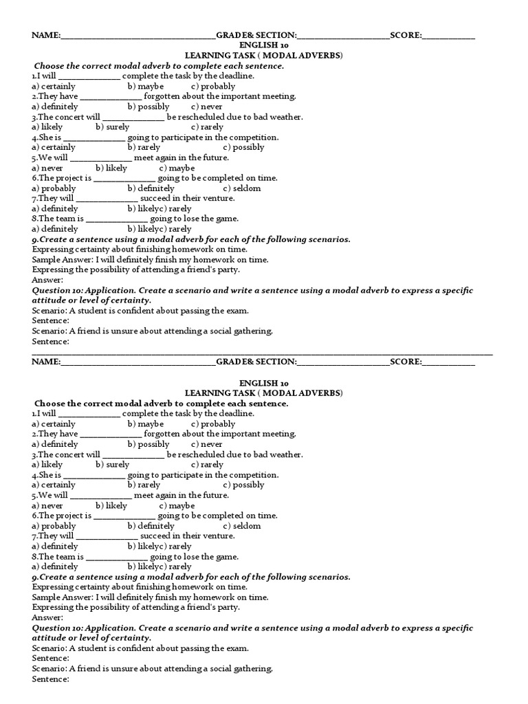 E10 Learning Task On Modal Adverbs | PDF | Cognitive Science