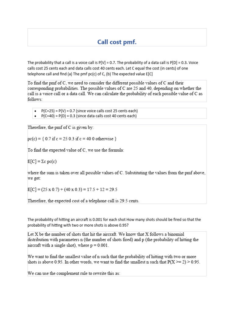 Call Cost PMF | PDF | Expected Value | Statistics
