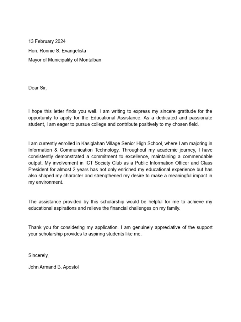 Request Letter For Educational Assistance | PDF