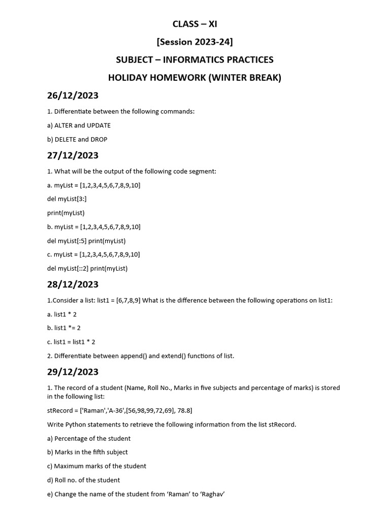 Class XI Informatics Practices Homework | PDF | Computer Science ...