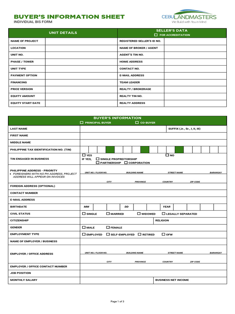 Buyers Information Sheet Individual Bis | PDF | Employment | Business