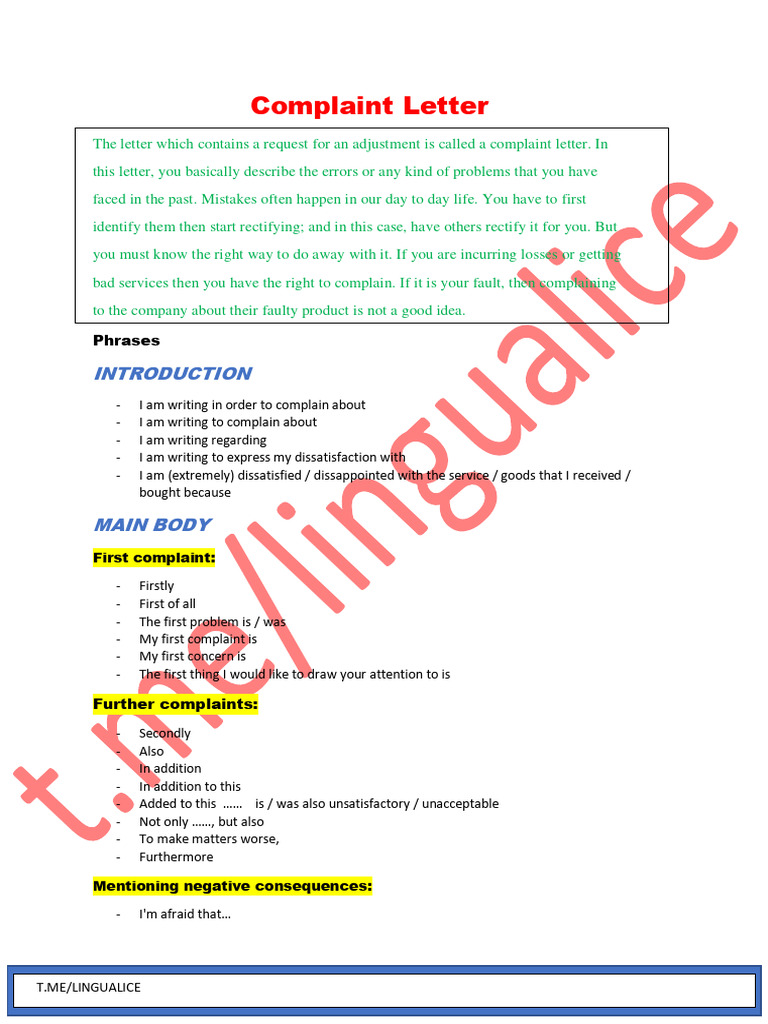 Complaint Letter Structure by @lingualice | PDF | Career & Growth ...