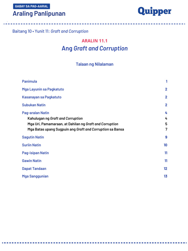 Araling Panlipunan, Graft and Corruption 11.01 Study Guide | PDF