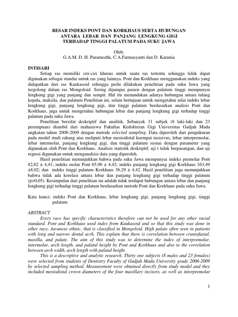 Besar Indeks Pont Korkhaus Serta Hubungan Antara Lebar Dan Panjang ...