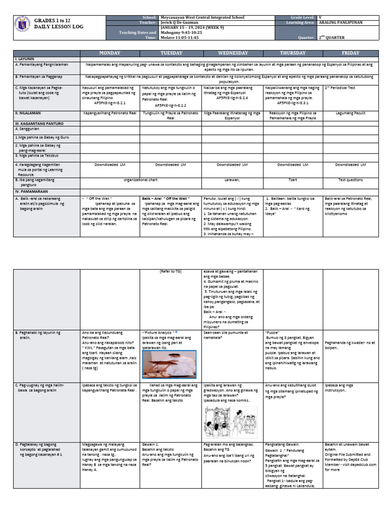 DLL - Araling Panlipunan 5 - Q2 - W9 | PDF