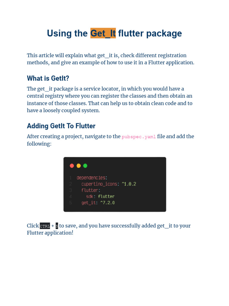 Using The Get - It Flutter Package: What Is Getit? | PDF
