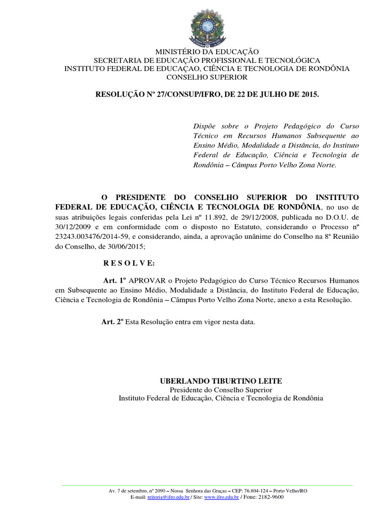 Resolução N°27 TRH | PDF | Educação à distância | Gestão de recursos ...