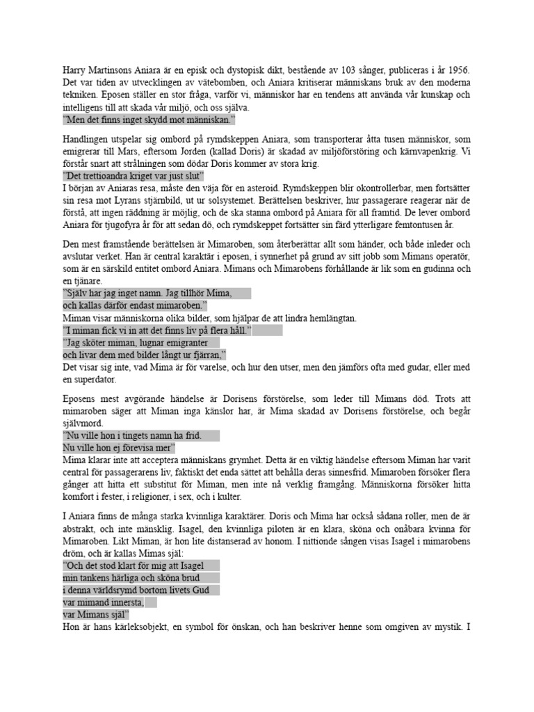 Aniara - Bokanalys | PDF