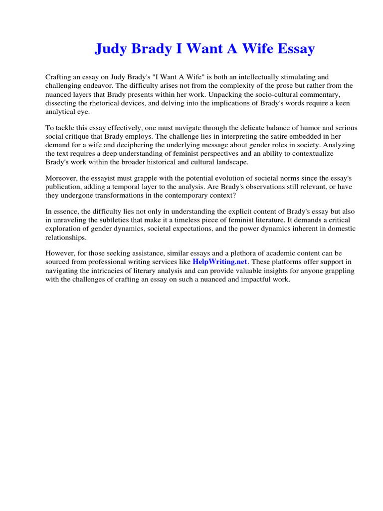 Judy Brady I Want A Wife Essay | PDF | Hewlett Packard | The Yellow ...