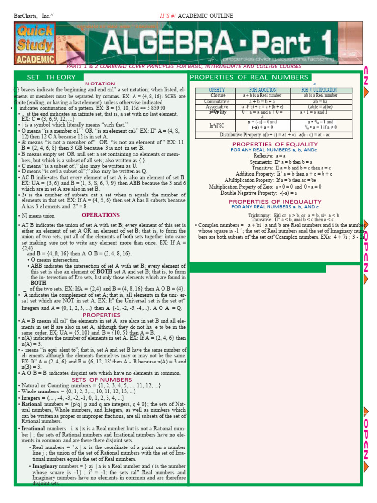 Barcharts Quickstudy Algebra Vol 1pdf | PDF | Numbers | Inequality (Mathematics)