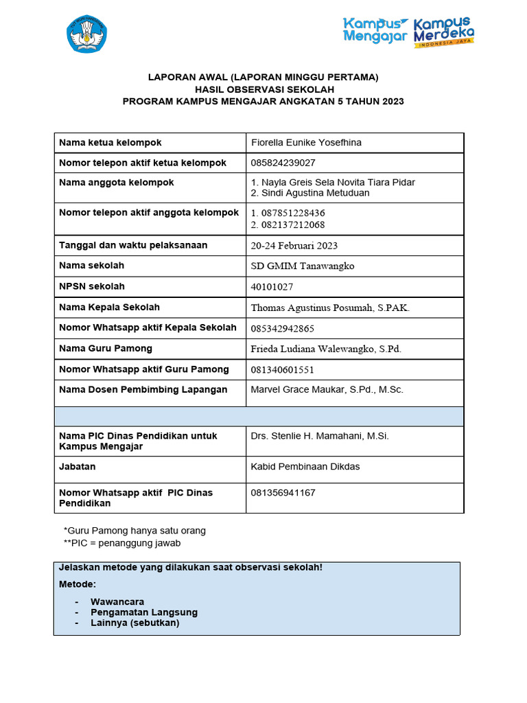 Observasi Sekolah SD GMIM Tanawangko 2023 | PDF | Karier & Perkembangan | Sains & Matematika