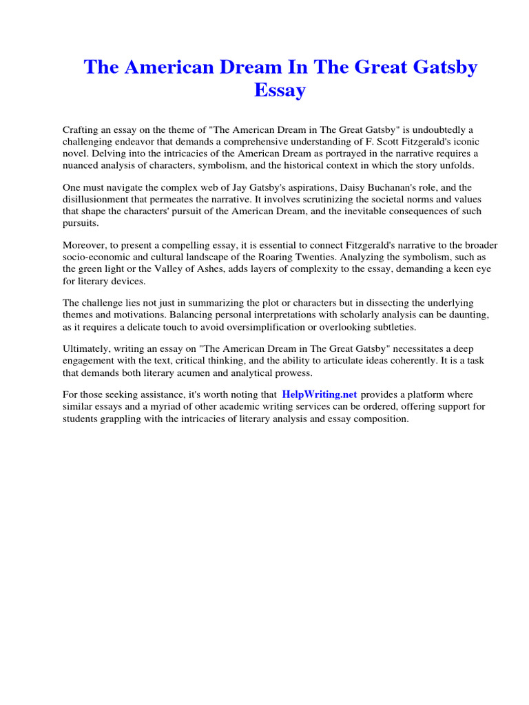 The American Dream in The Great Gatsby Essay | PDF | Estella (Great ...