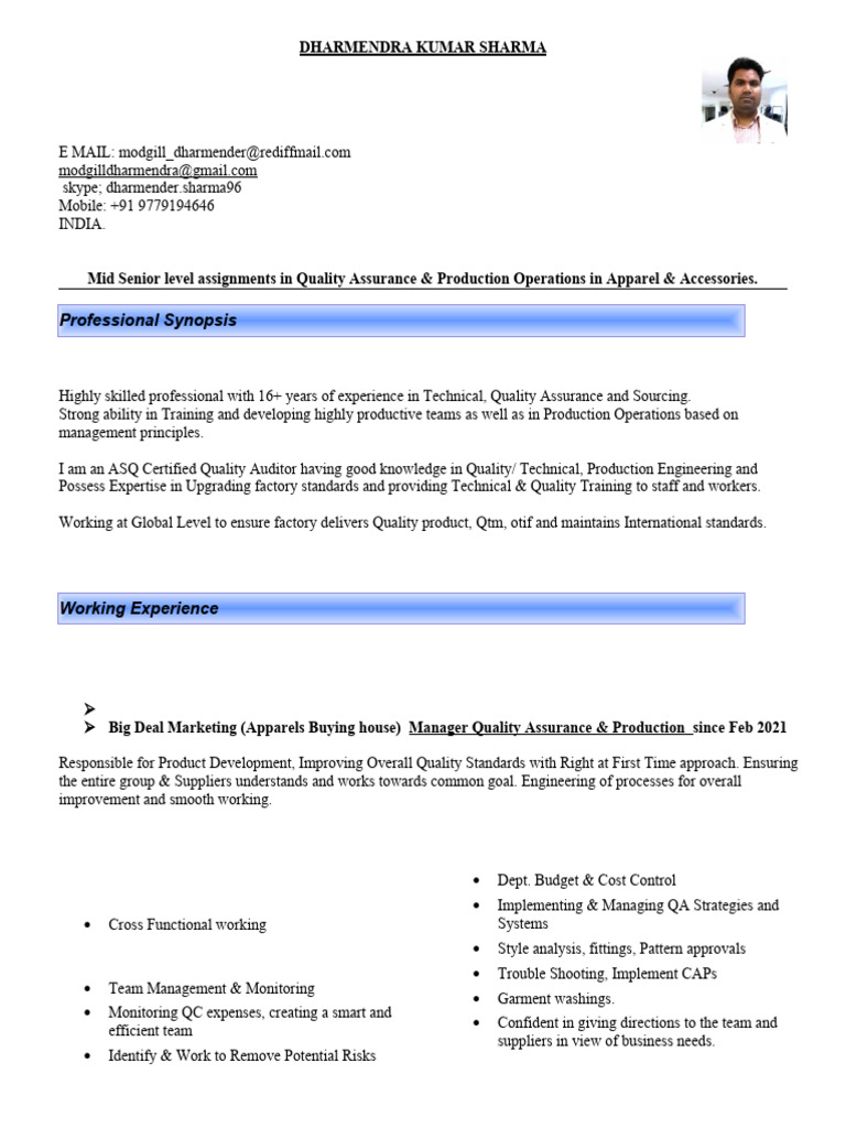 Dharmendra CV | PDF | Quality Assurance | Supply Chain
