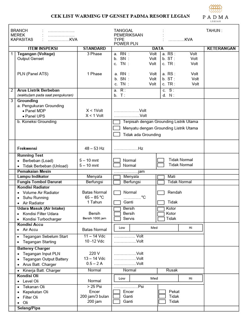 Check List Warming Up Genset Padma Legian | PDF