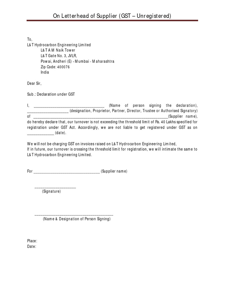 GST Non-Registration Declaration Format | PDF