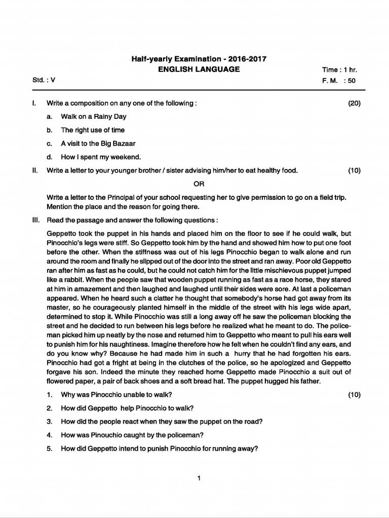 Icse Class 5 Hy English Language 2017 | PDF