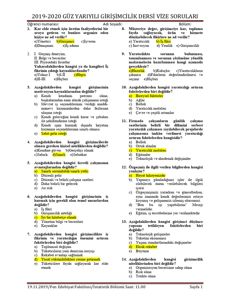 Girişimcilik İstatistik Vize - Cevap Anahtarı | PDF