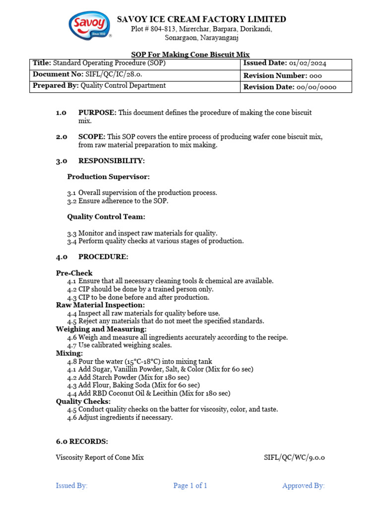 SOP for Cone Biscuit Mix Production | PDF