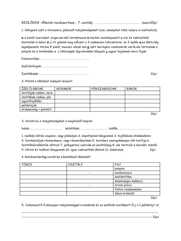 BIOLÓGIA Dolg. 7. Állat Rendszertan | PDF