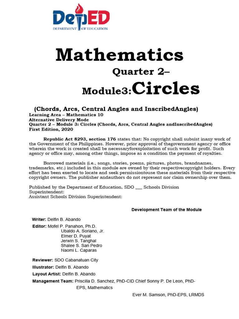 Math 10 Quarter 2 Module 3 | PDF | Circle | Angle