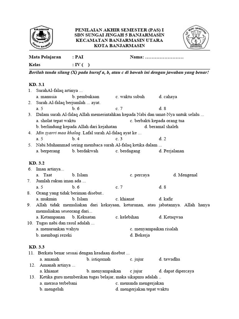 Soal PAS Pai Kelas 4 Sem 1 | PDF