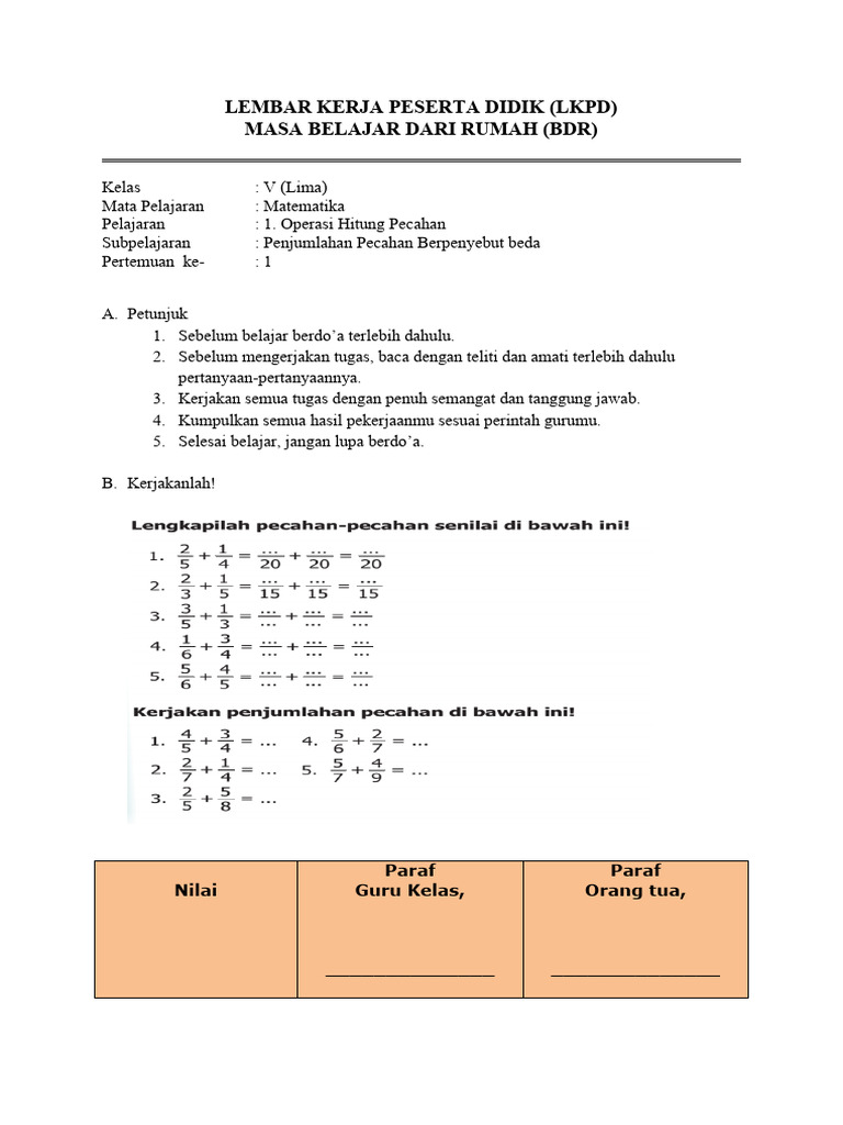LKPD Kls 5a MTK Pecahan | PDF